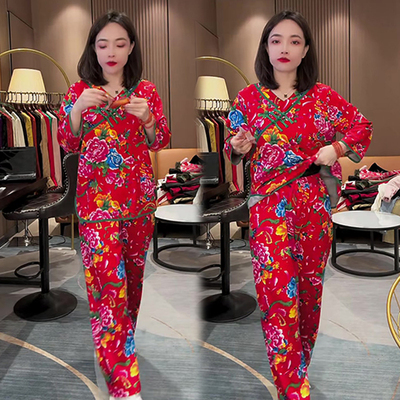新中式国风花卉上衣裤子睡衣套装