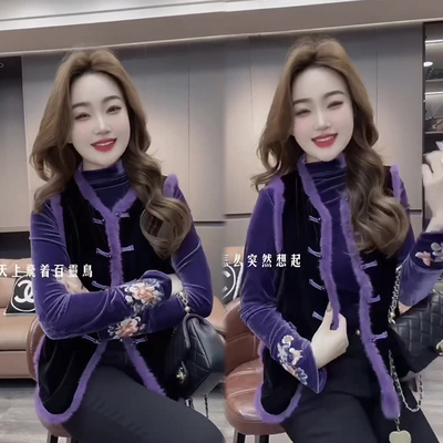 新国潮复古丝绒小衫盘扣马甲套装