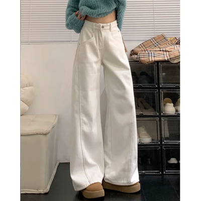 矮个子白色美式阔腿牛仔裤宽松显瘦150cm显高高腰窄版弯刀休闲裤