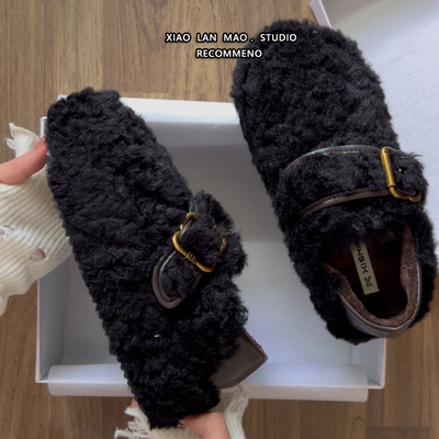 复古黑色包头半拖毛毛鞋加绒勃肯