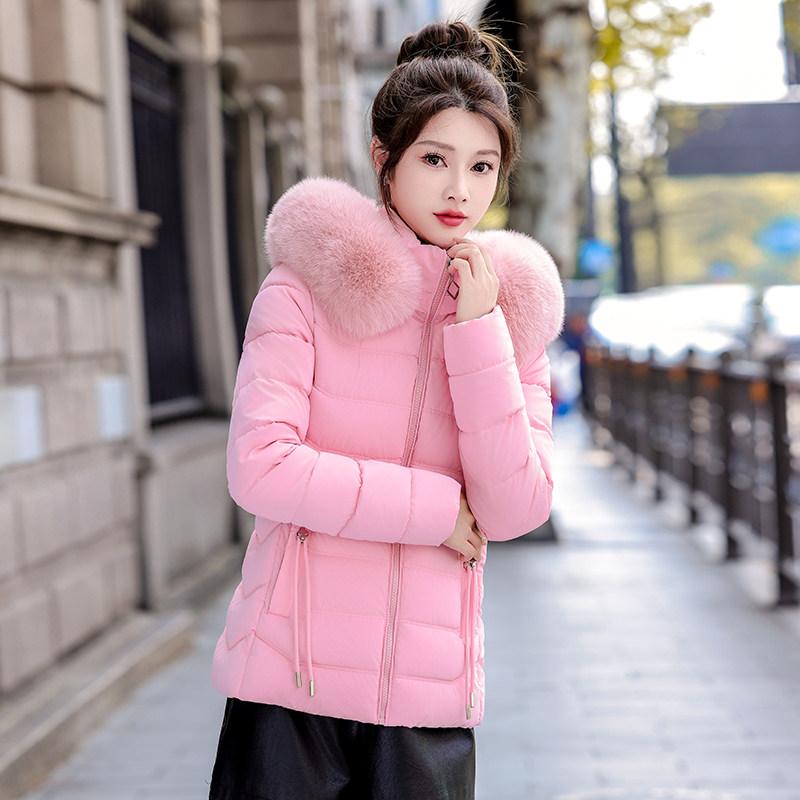 加绒棉衣棉服女2025秋冬新款短款修身收腰气质大毛领可拆卸帽棉袄