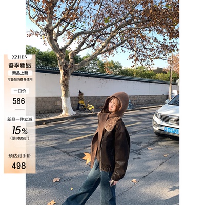 Zzhen珍珍 温热焦糖拿铁2026年新款设计感翻毛领皮衣羽绒服女