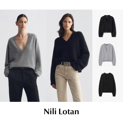 CETTCE现货 Nili Lotan 简约黑灰纯色细腻柔软羊绒V领针织毛衣