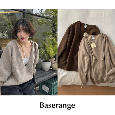 CETTCE 现货 Baserange 棕色宽松深V领套头针织衫长袖毛衣Soar