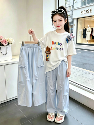 793哈哈家 女童夏季新款洋气韩版卡通时髦休闲短袖上衣阔腿裤套装