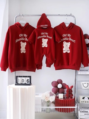 红色时尚卫衣亲子装一家三口婴儿纯棉冬季加绒洋气母女母子家庭装
