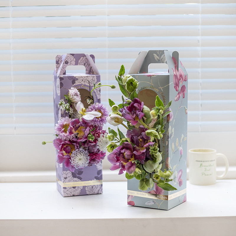 新款韩式手提花盒鲜花带印花手提盒牛皮花束手拎盒花店花艺材料_虎窝淘