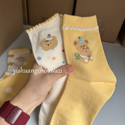 可爱卡通小熊中筒棉袜无骨缝头潮