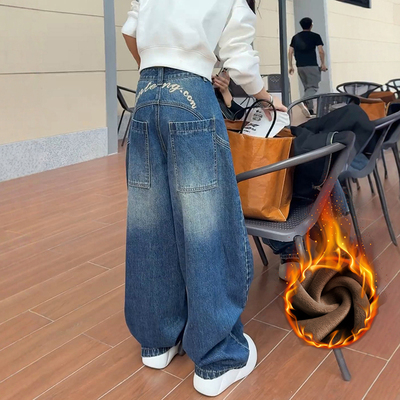 大码加绒弯刀牛仔裤女秋冬季2025新款加厚阔腿裤胖mm显瘦直筒裤子