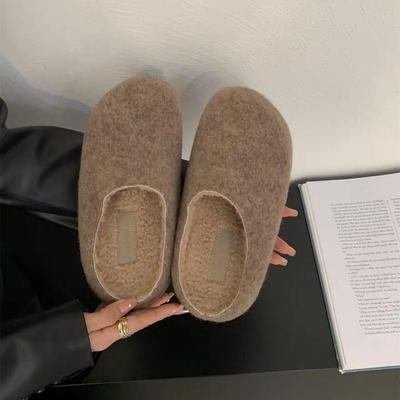 小个子厚底复古丑萌大头面包鞋子女灰色毛呢加绒绝绝子勃肯拖