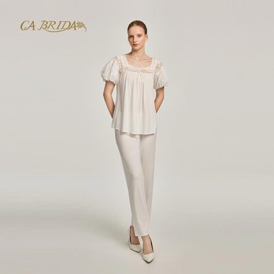 CA BRIDA【白色情迷】法式复古轻奢莫代尔短袖镶嵌蕾丝睡衣套P201