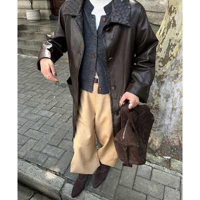 「1.19/春季上新」UNITY MODE 编制皮革翻领皮衣风衣外套女253119