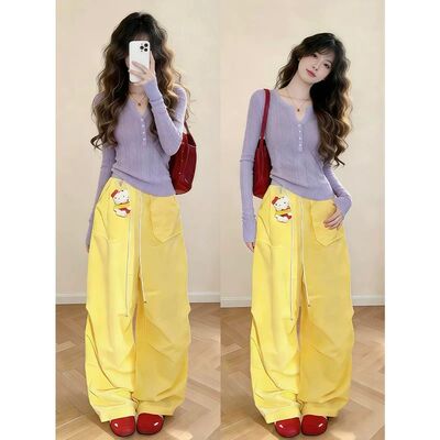 红色宽松工装裤显瘦百搭爵士舞速干长裤抽绳高腰伞兵女弯刀阔腿裤