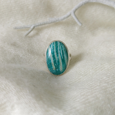 葱郁秘境 森系个性极简风925纯银手工椭圆型天河石食指中指戒指女