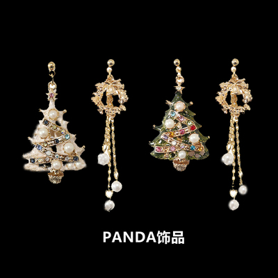 PANDA饰品 圣诞限定耳环森系珐琅不对称圣诞树花环925银耳钉耳夹