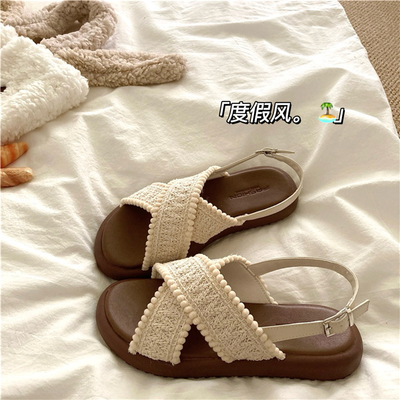 波西米亚海岛风~！慵懒仙女风沙滩凉鞋女ins夏季复古平底凉拖鞋潮