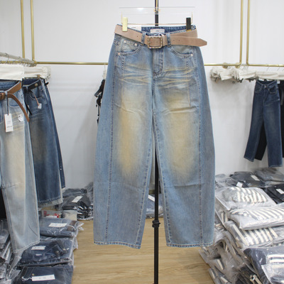 艾拿98786做旧蓝色镶钻牛仔垮裤2026年春季新款女显瘦阔腿弯刀裤