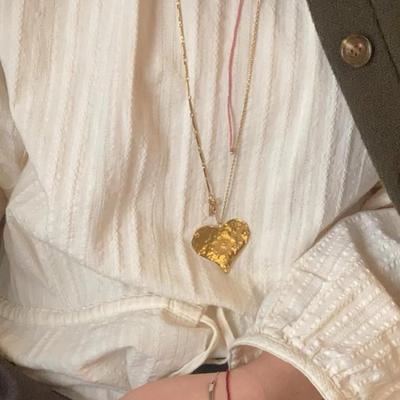 韩国小众mars25金色桃心吊坠项链手工纹理肌复古做旧大爱心毛衣链