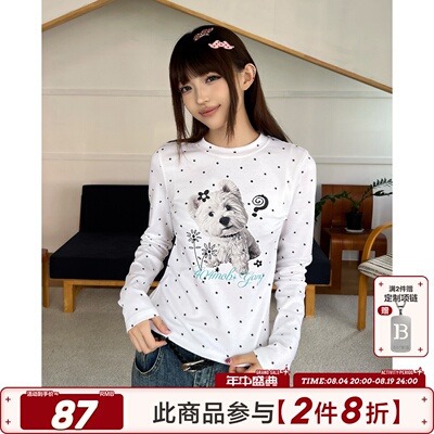404MOB波点小狗印花修身长袖T恤女云感针织辣妹风圆领短款打底衫