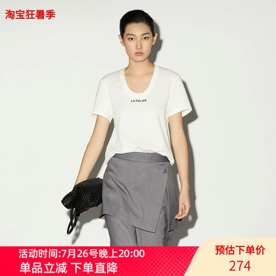 XG/雪歌26夏新款白色短袖T恤女U领字母印花直筒上衣XL201012A151