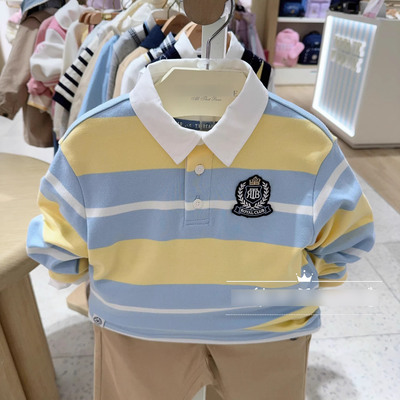 2025春季小熊男童翻领POLO衫长袖T恤条纹时尚百搭上衣TKHA251201B