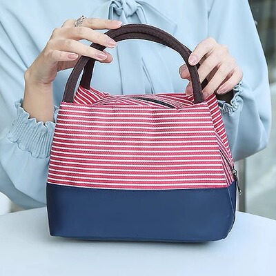 牛津布条纹布包加厚防水保温饭盒袋手拎便当包手提包妈妈包化妆包