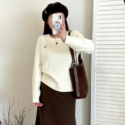 正品大码女装麻花纹上衣刺绣毛衣2025秋胖mm宽松休闲针织衫23270