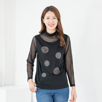 韩国妈妈装高领网纱拼接长袖T恤2026春夏镶钻打底衫TP603144