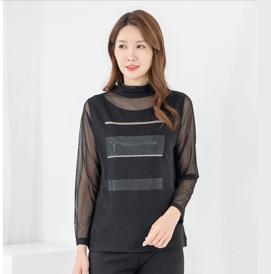 中老年女网纱镶钻高领长袖打底衫