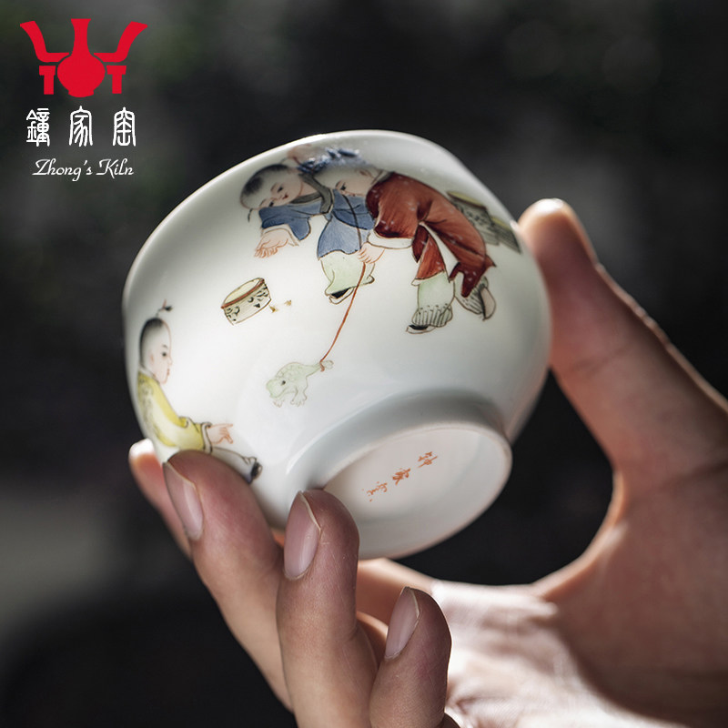 钟家窑功夫茶杯 景德镇手工手绘粉彩童心妙趣品茗杯主人杯禅定杯