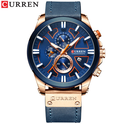 Curren卡瑞恩8346手表watches皮带表六针多功能日历男表大表盘