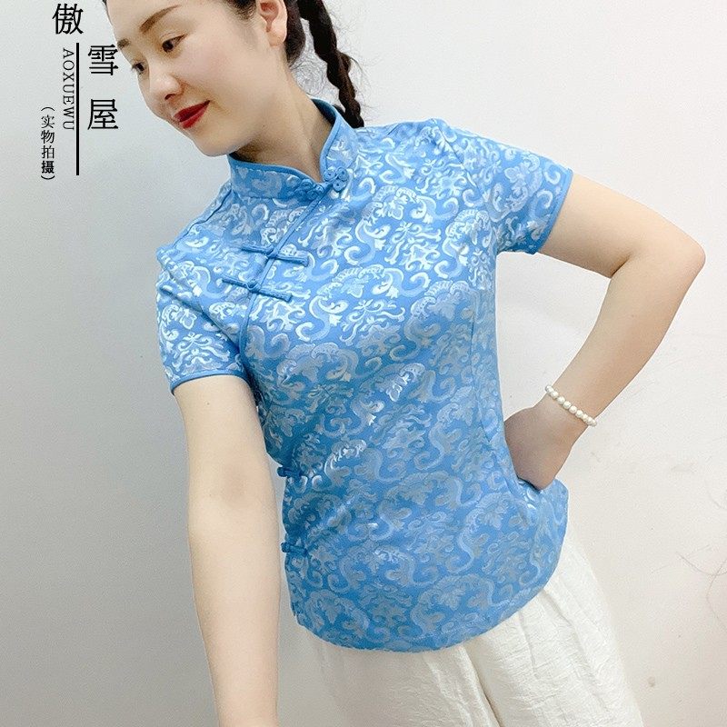 傲雪原创中式旗袍上衣蓝色夏季日常中国风上衣气质高档旗袍上衣女