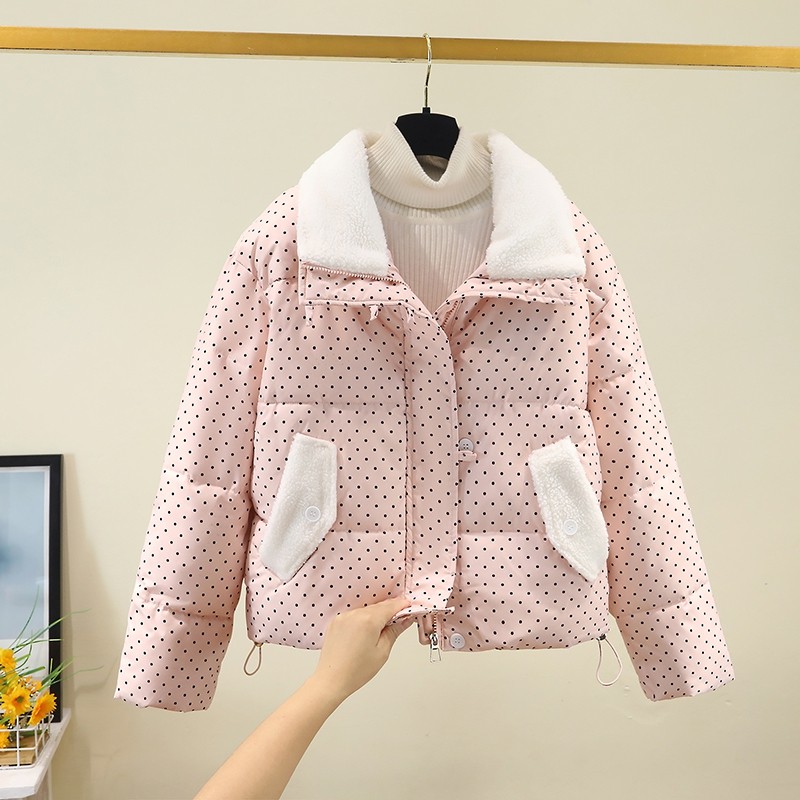 小香风翻领印花波点加厚保暖棉衣棉服女今年冬季新款短款棉袄外套