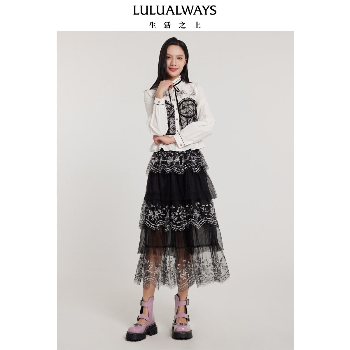 LULUALWAYS我爱露露新款法式优雅百搭设计感花边衬衫