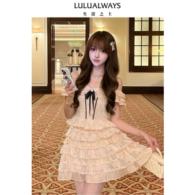 LULUALWAYS【商场同款】26夏季新款百搭松紧腰蕾丝荷叶边蛋糕半裙
