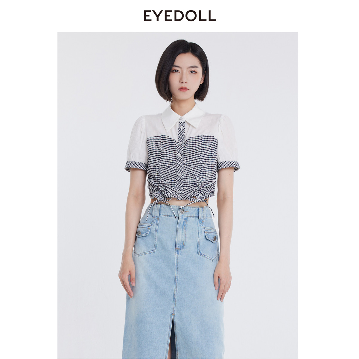 EYEDOLL夏季新款时尚休闲收腰格子抽绳拼接衬衫短