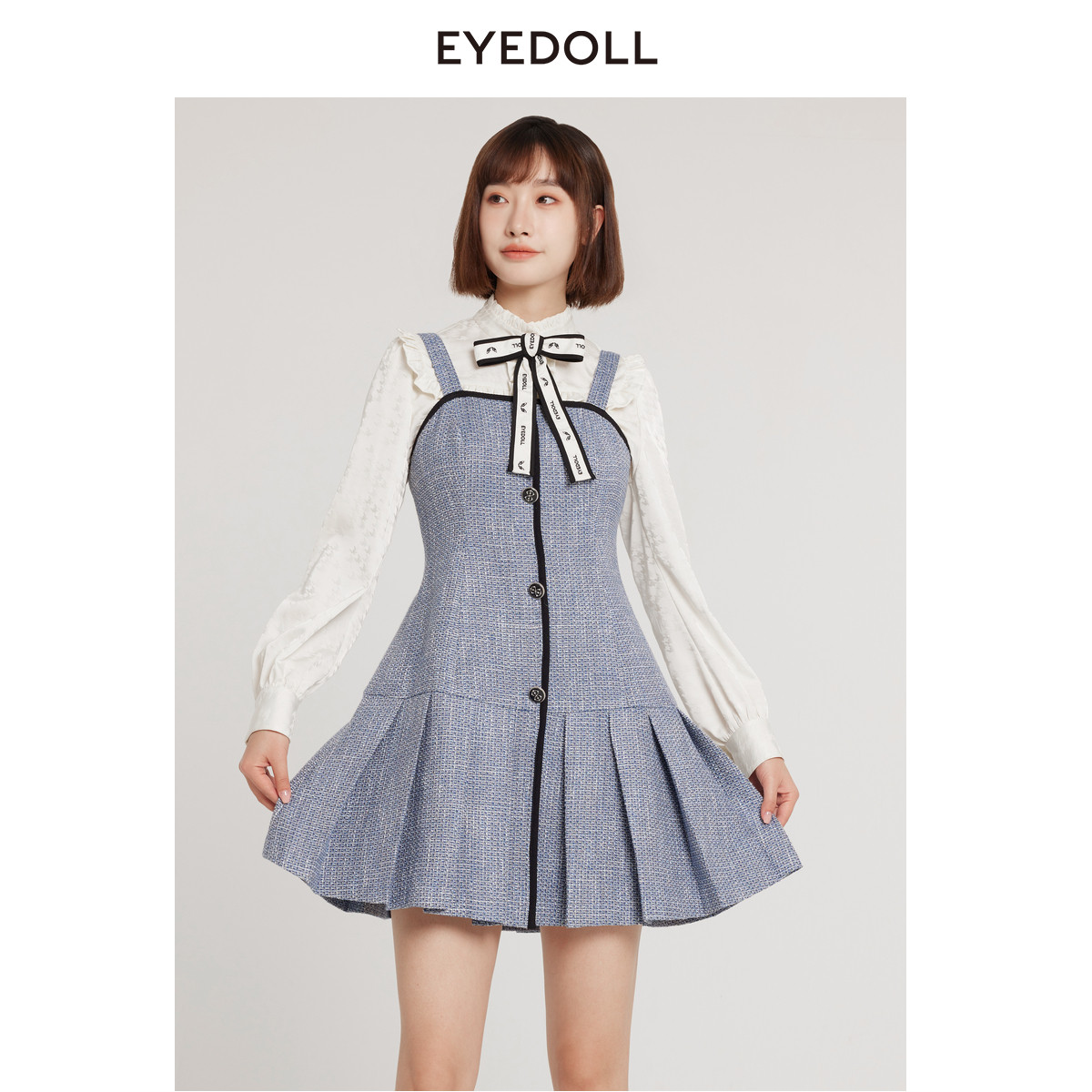 EYEDOLL新款甜美优雅百褶小香风吊带连衣裙