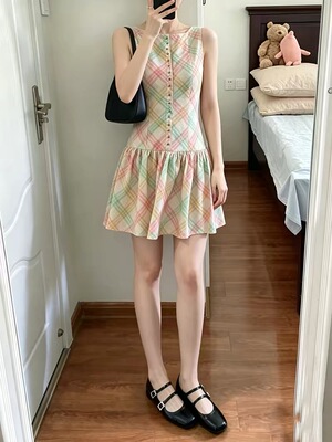 shareinin 奶橘蜜瓜 麻感杂色撞色格子无袖连衣裙短裙