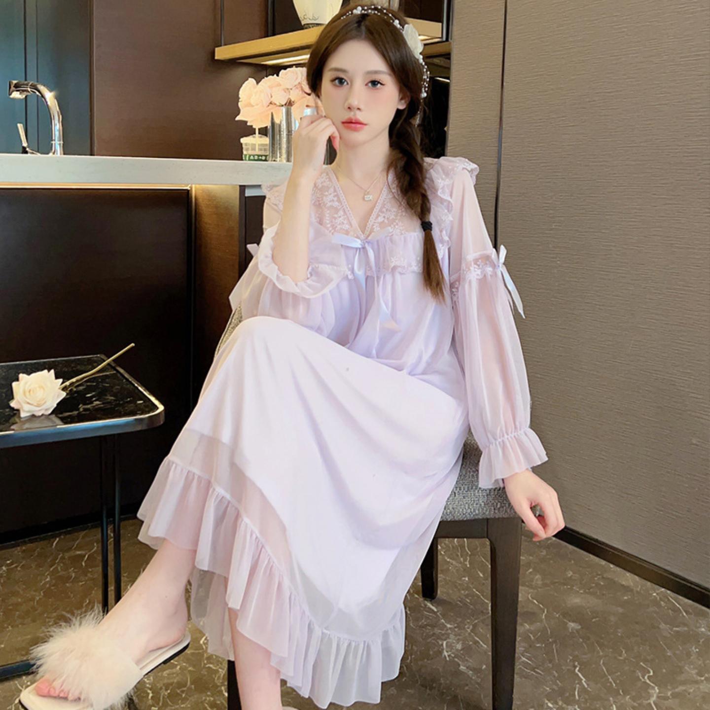 春秋纯色V领蕾丝结网纱宫廷公主风中长睡裙家居服优雅舒适