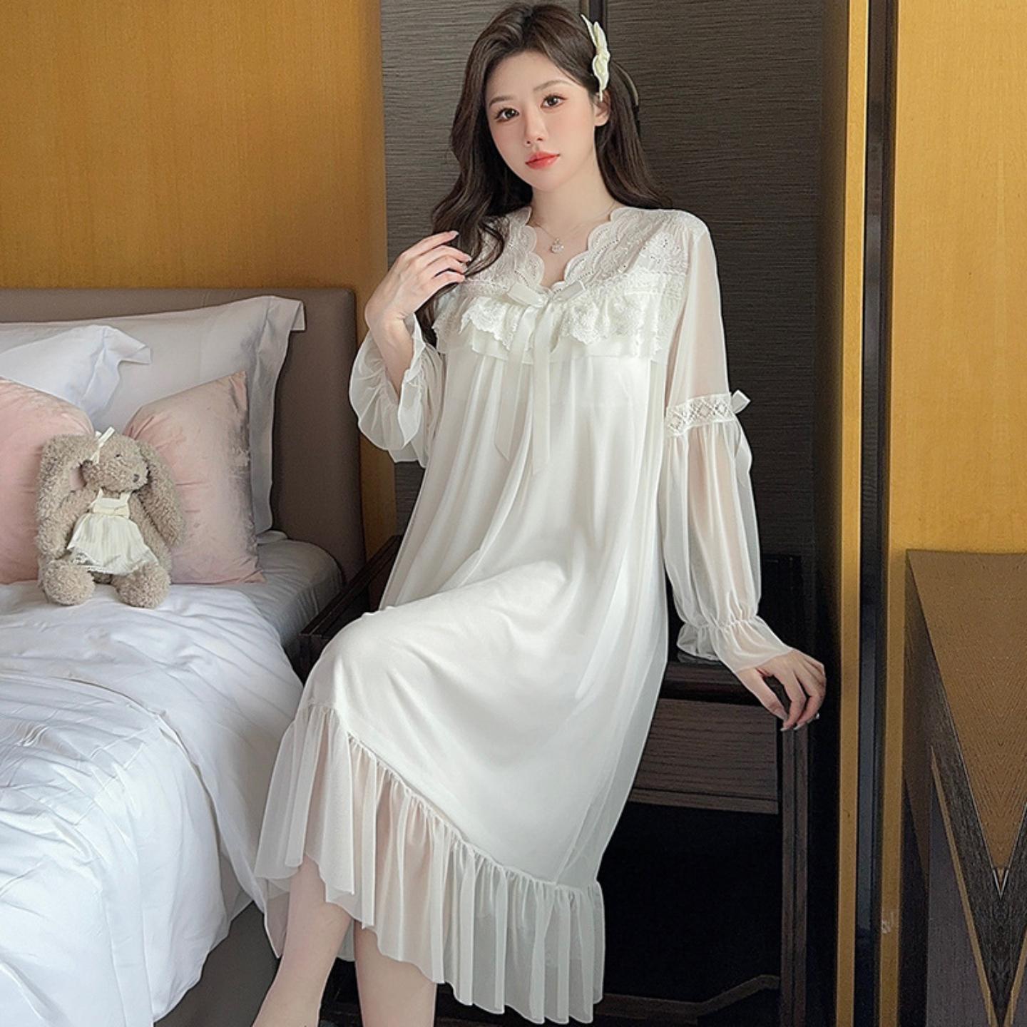 春秋V领蕾丝结网纱公主风中长睡裙纯色家居服宫廷优雅款