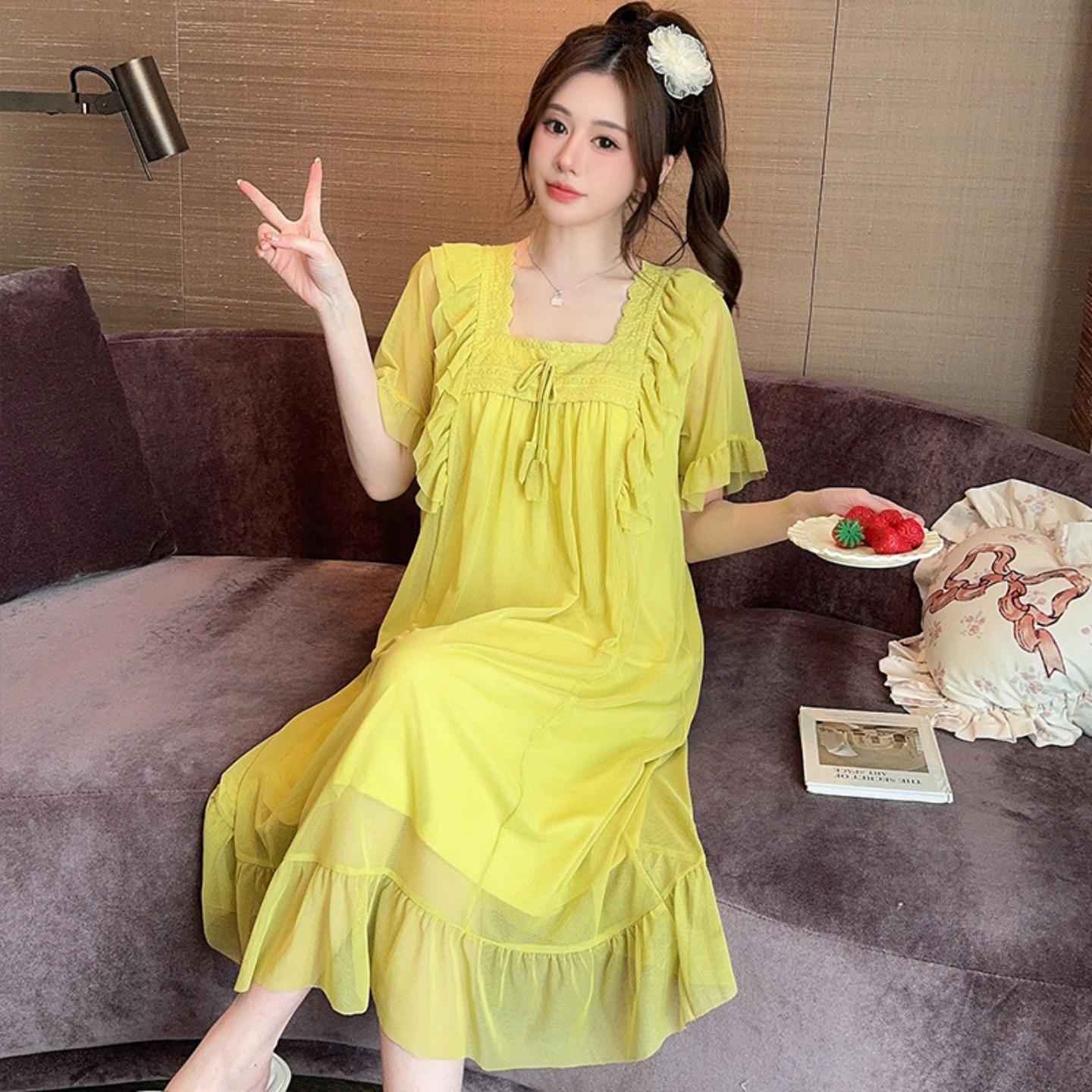 夏季纯色蕾丝结网纱宫廷公主风中长睡裙家居服女优雅舒适