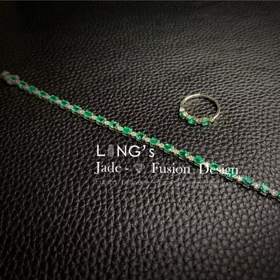 *吉祥玉易坊*18K白金钻石  祖母绿  手链+戒指（guild证书）