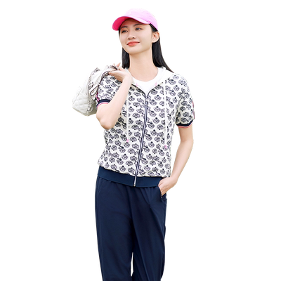 歌蒂诗夏季专柜新款时尚印花休闲连帽运动短袖外套 1E22W5277