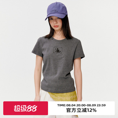 复古小猫印花圆领修身短袖T恤
