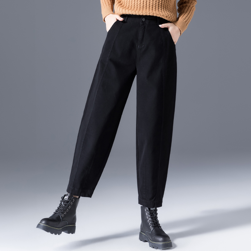 黑色休闲裤女冬季2023新款秋冬裤子女冬加绒女裤九分哈伦裤灯笼裤_虎窝淘