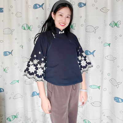 Liz旗袍倒大袖秋冬藏蓝上衣小袄