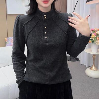 时尚纯色半高领纽扣拼接上衣女秋季冬新款套头小衫百搭显瘦妈妈装