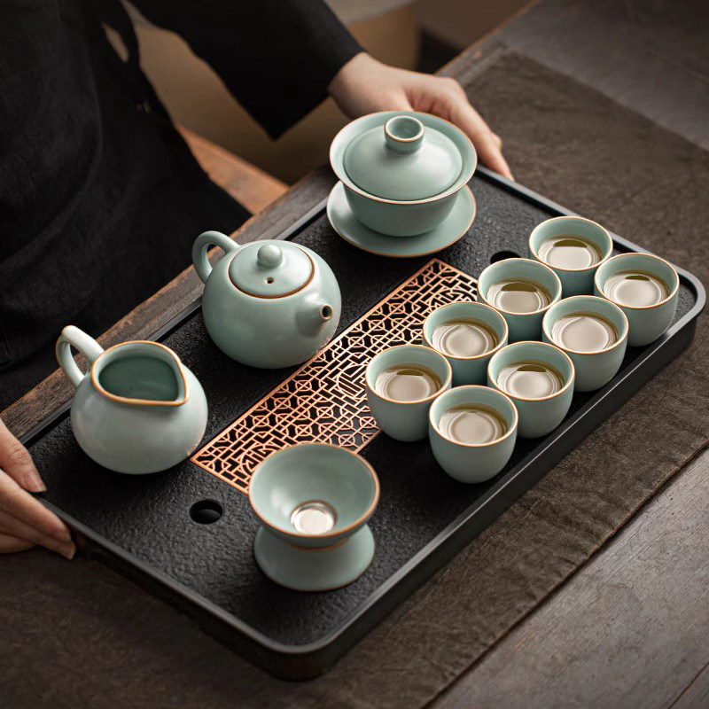 速发 汝窑茶具套装家用轻夫功奢中式陶盘茶杯茶瓷爆款