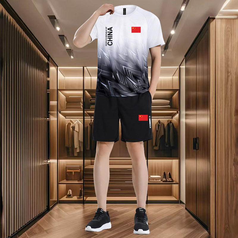 中国队运动服套装男夏季跑步t恤速干两件套篮球健身衣服短袖短裤
