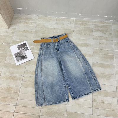 欧洲站2026春季新款时尚高腰显瘦弯刀牛仔裤宽松拼接七分裤配腰带